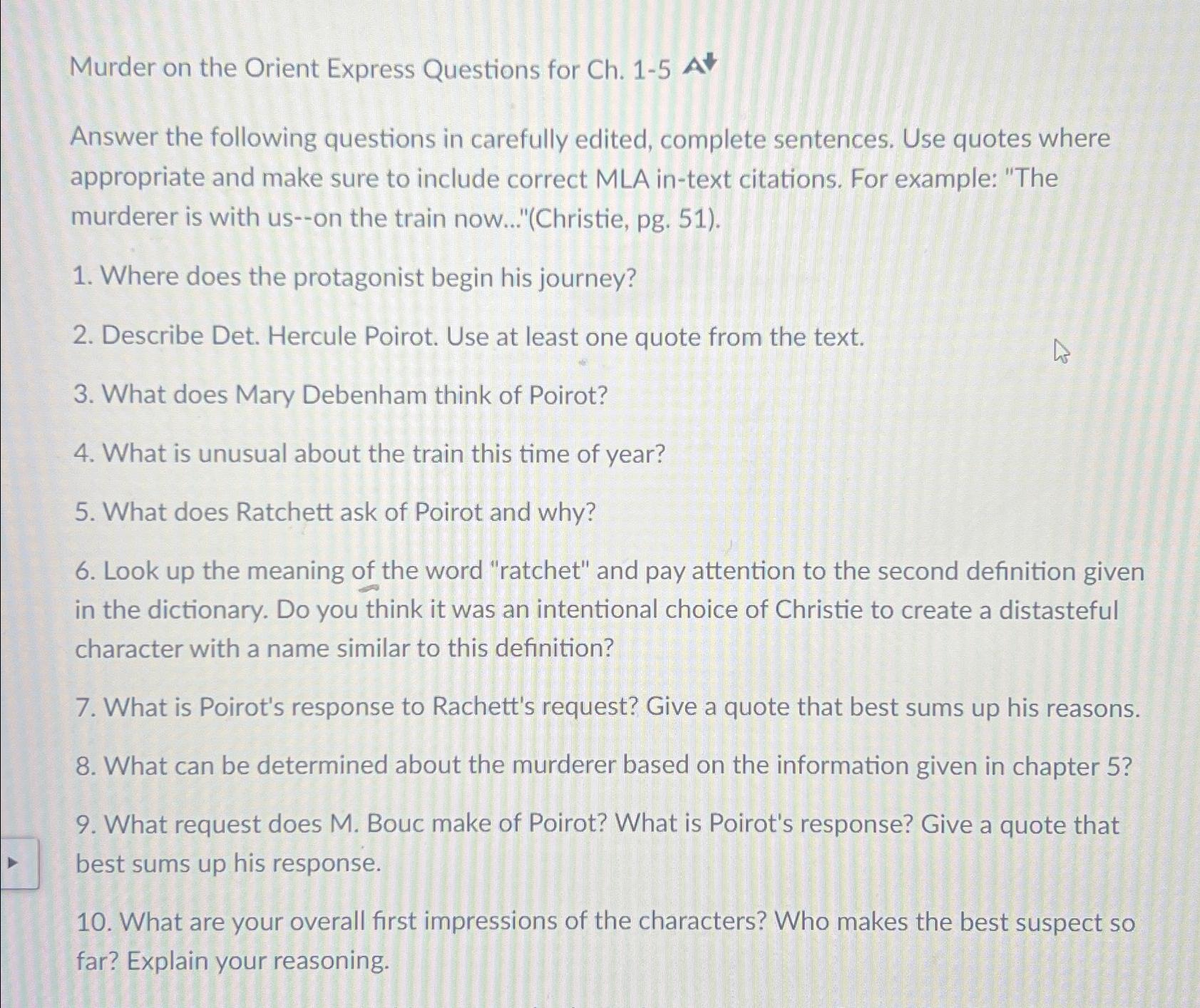 Solved Murder on the Orient Express Questions for | Chegg.com