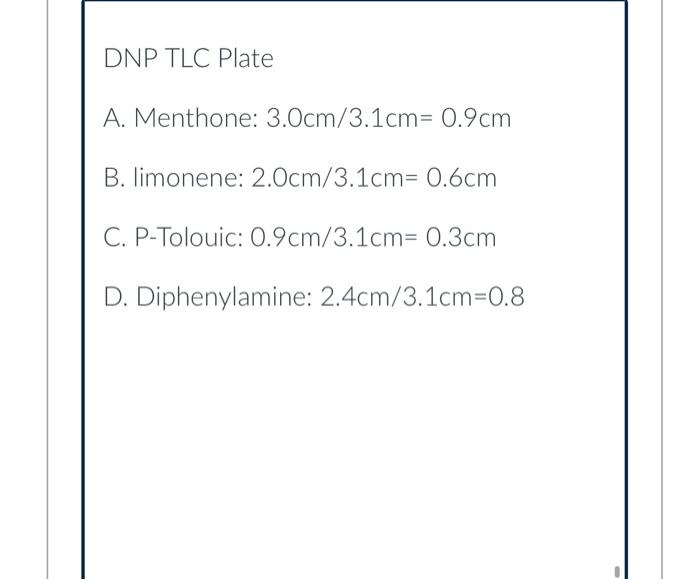 Solved DNP TLC Plate A. Menthone: 3.0 cm/3.1 cm=0.9 cm B. | Chegg.com