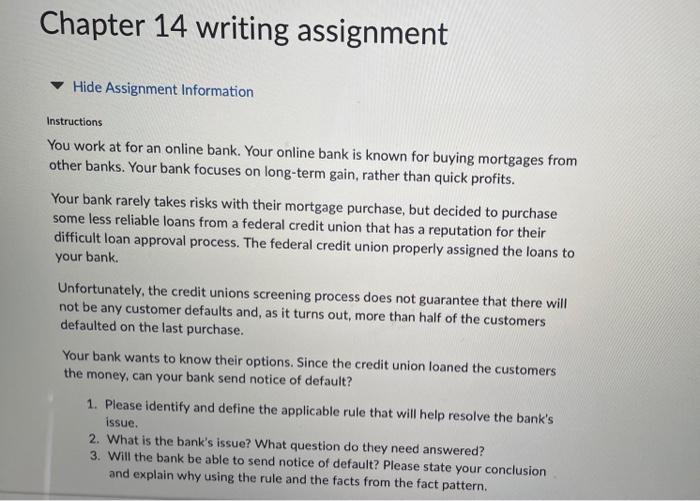 Chapter 14 writing assignment Hide Assignment | Chegg.com