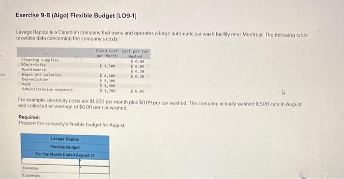 Solved Exercise 9-8 (Algo) Flexible Budget [LO9-1] Lavage | Chegg.com