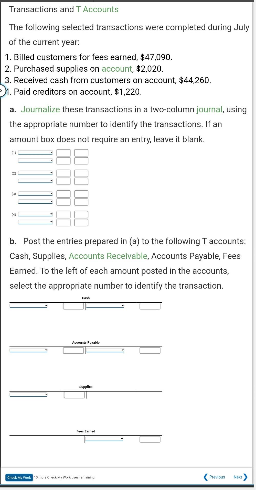 Solved Transactions and T Accounts The following selected | Chegg.com