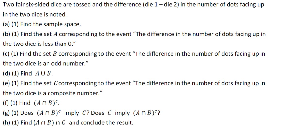 Solved Two fair six-sided dice are tossed and the difference | Chegg.com