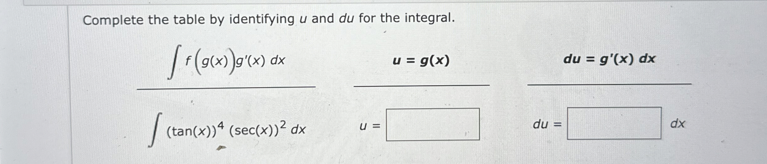 Solved Complete the table by identifying u ﻿and du ﻿for the | Chegg.com