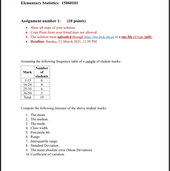 Solved Elementary Statistics: 15060101 Assignment number 1: | Chegg.com