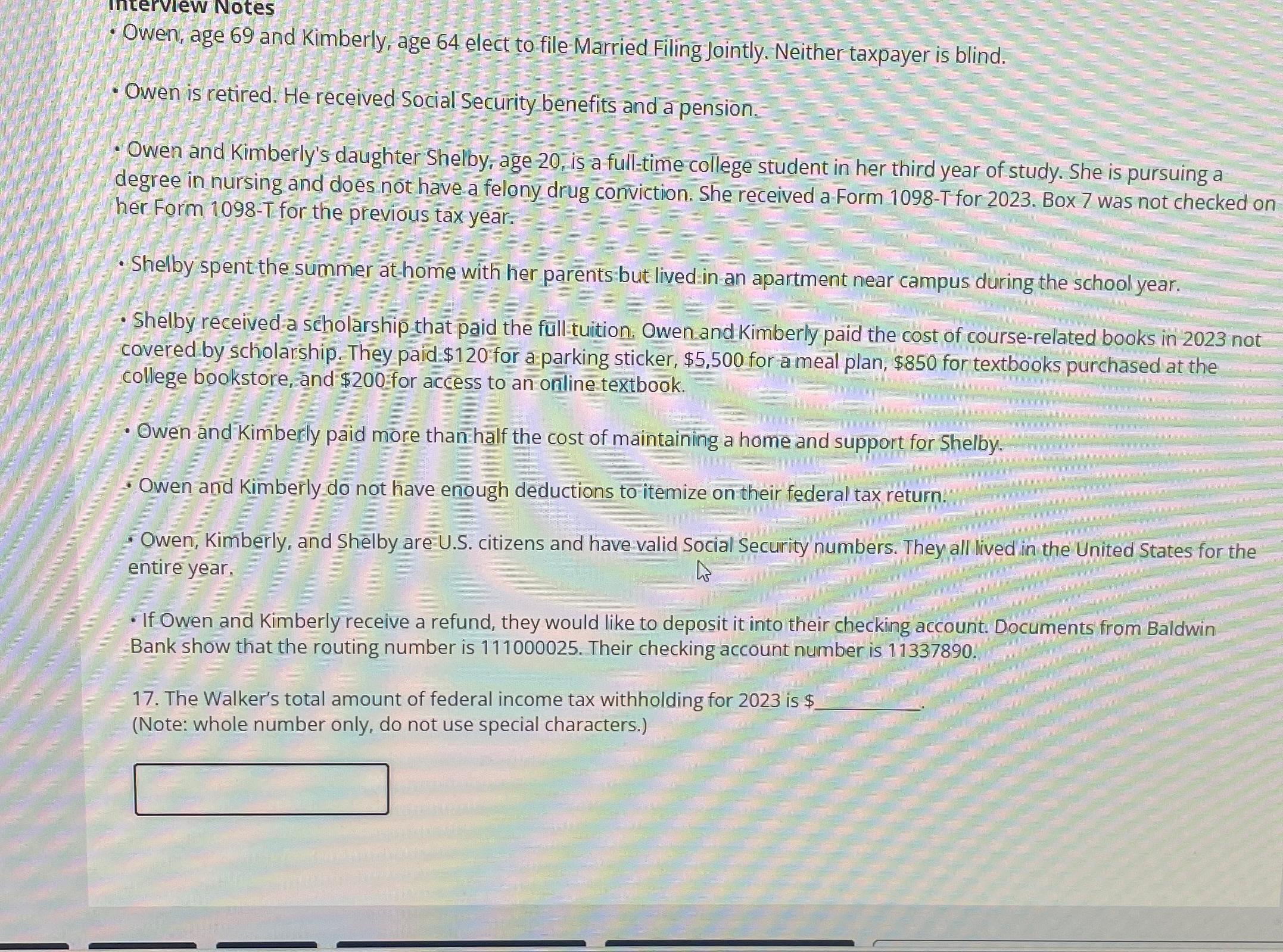 Solved Owen, age 69 ﻿and Kimberly, age 64 ﻿elect to file | Chegg.com