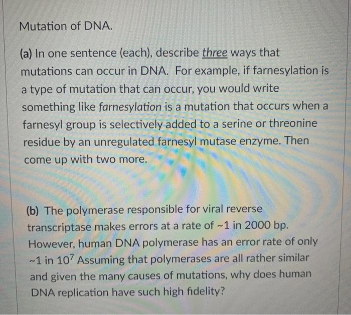 Solved Mutation of DNA. (a) In one sentence (each), describe | Chegg.com