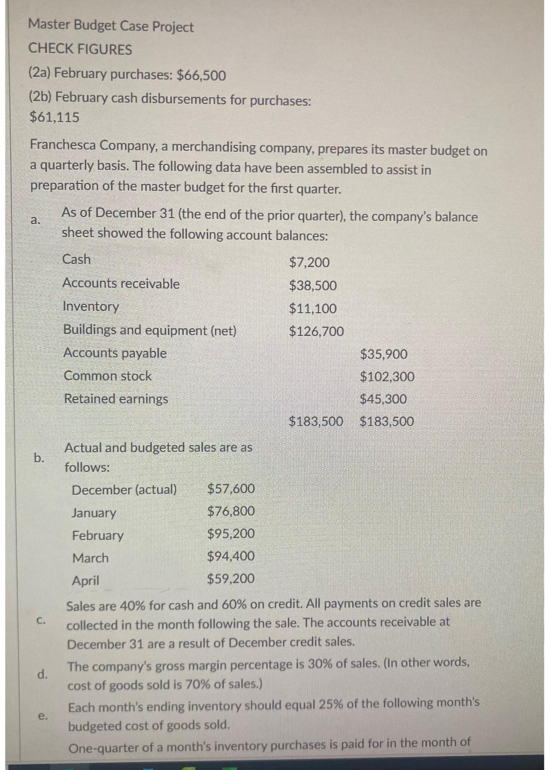 Solved Master Budget Case ProjectCHECK FIGURES(2a) ﻿February | Chegg.com