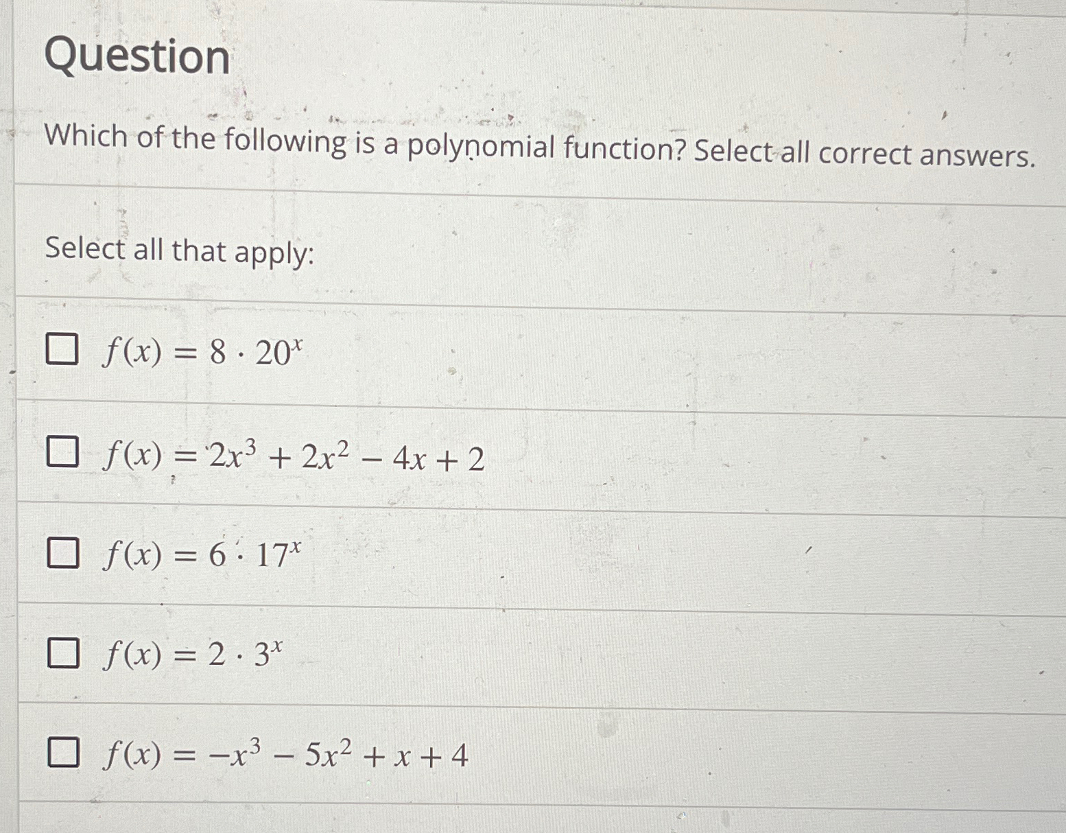 Solved QuestionWhich of the following is a polynomial | Chegg.com
