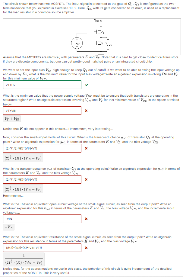 Solved The circuit shown below has two MOSFETs. The input | Chegg.com
