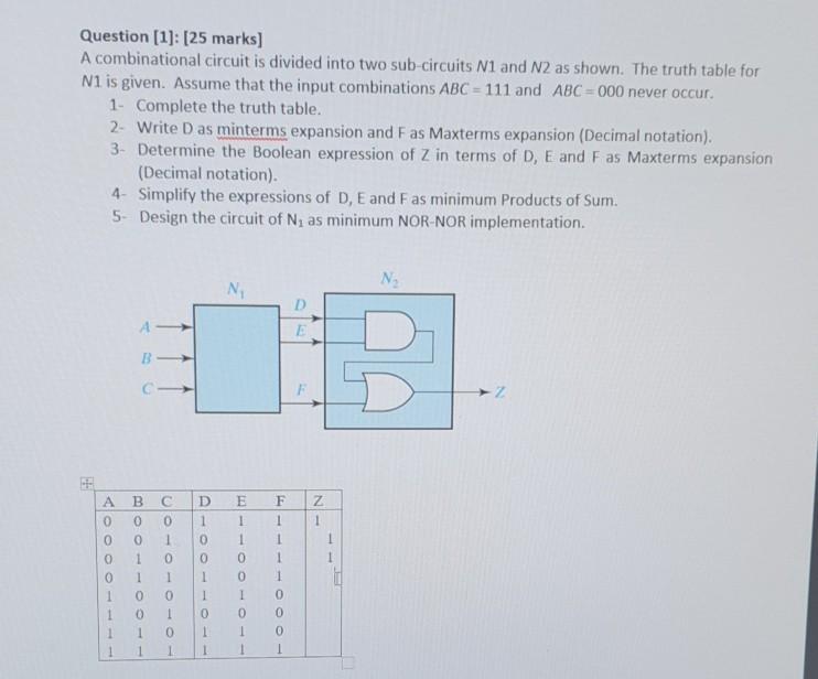 Solved Question [1]: [25 marks) A combinational circuit is | Chegg.com