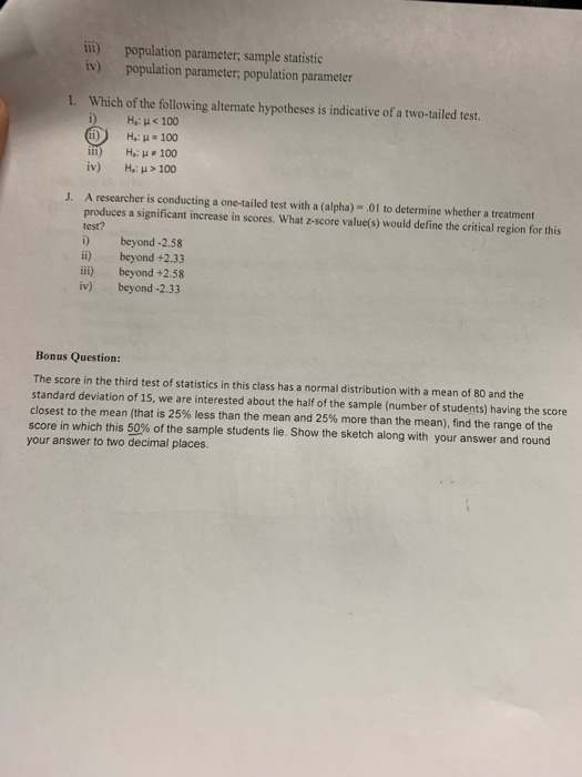 Solved iv) population parameter, sample statistic population | Chegg.com