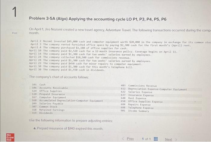 Solved Problem 3-5A (Algo) Applying the accounting cycle LO | Chegg.com