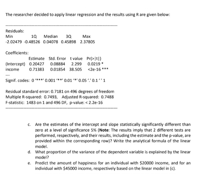 Solved The researcher decided to apply linear regression and | Chegg.com