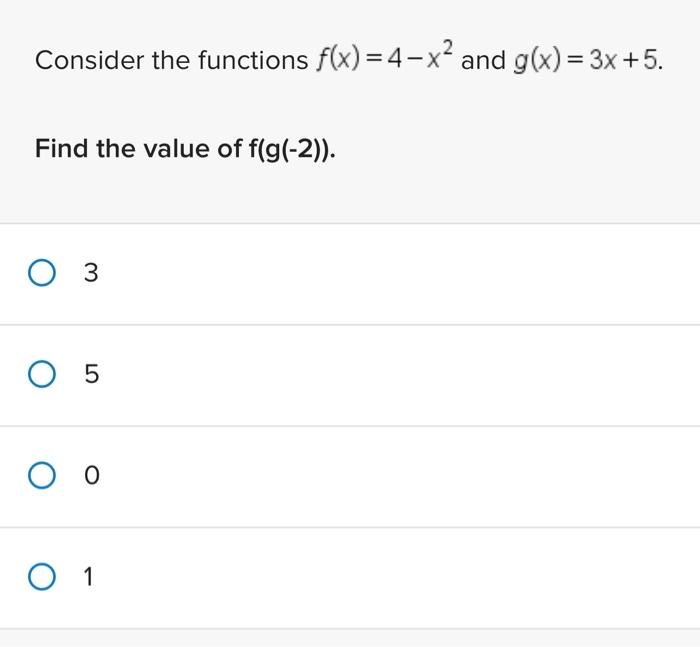 Solved Consider the functions f(x)=4−x2 and g(x)=3x+5. Find | Chegg.com
