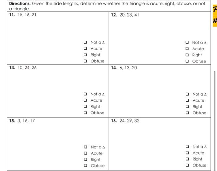 Solved Directions: Given the side lengths, determine whether | Chegg.com