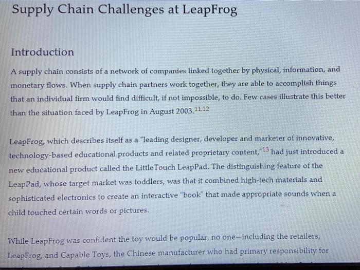 Solved Supply Chain Challenges at LeapFrog Introduction A | Chegg.com