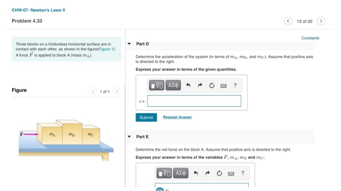 Solved Constants Three blocks on a frictionless horizontal | Chegg.com
