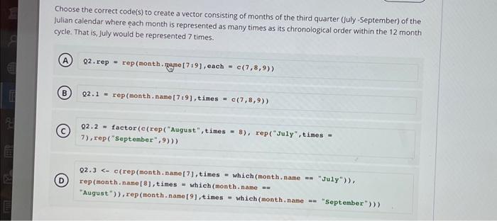 Solved MEN I E Choose the correct code(s) to create a vector | Chegg.com
