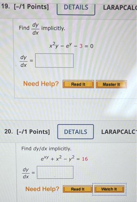 Solved Find dxdy implicitly. dxdy= [-/1 Points] Find dy/dx | Chegg.com