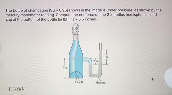 Solved The bottle of champagne (SG = 0.96) shown in the | Chegg.com