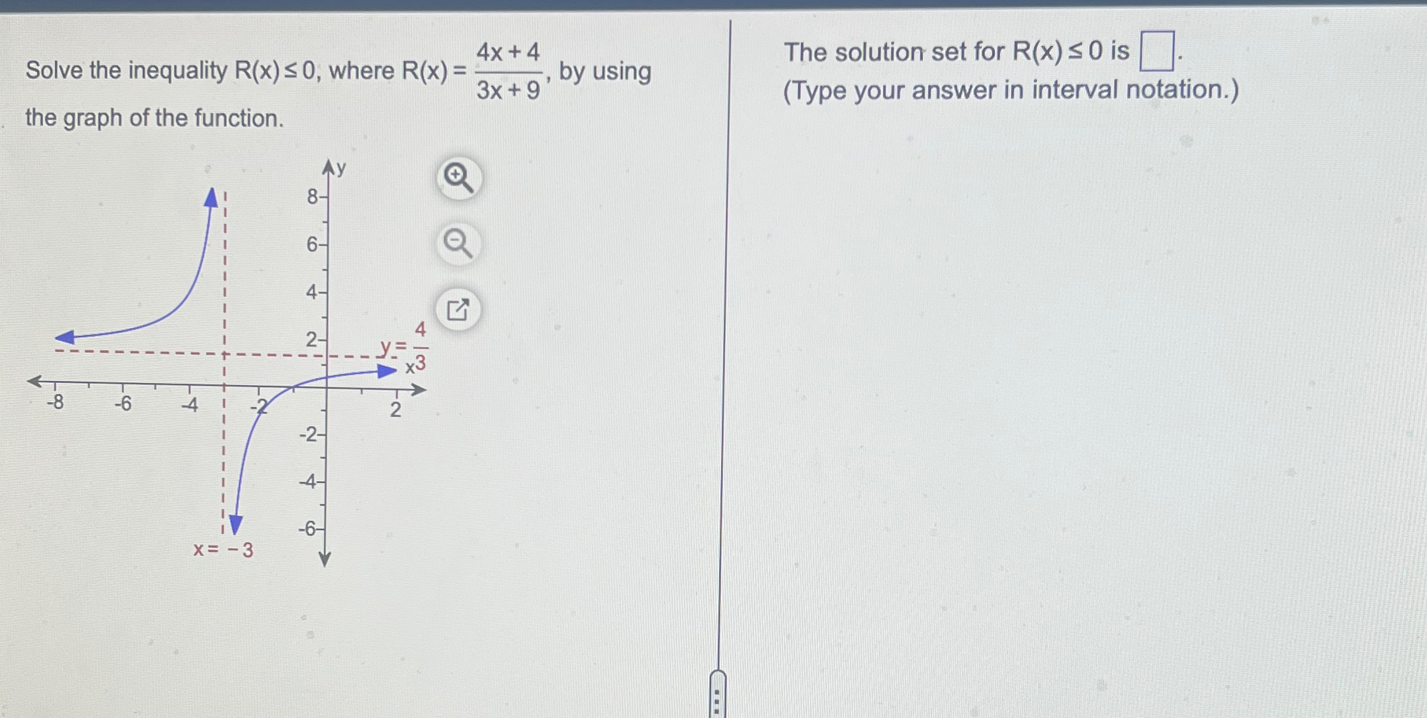 Solved Solve the inequality R(x)≤0, ﻿where R(x)=4x+43x+9, | Chegg.com