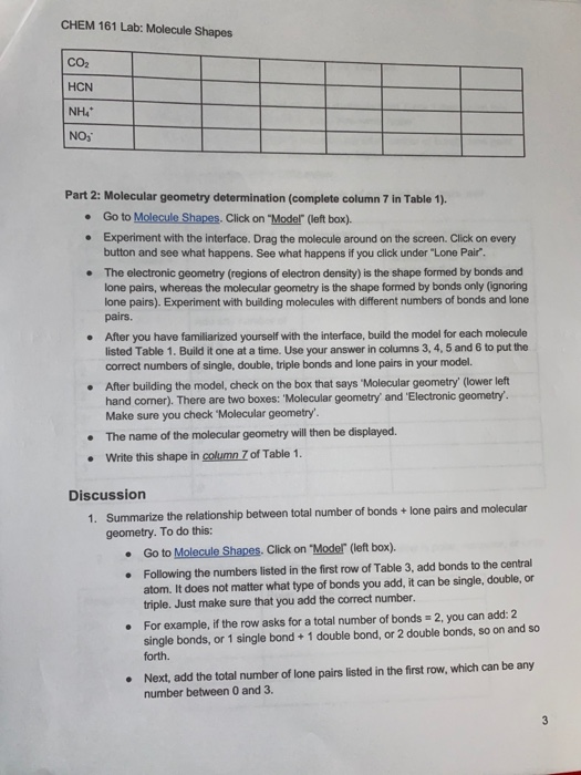 Solved CHEM 161 Lab: Molecule Shapes . • Then, look at the | Chegg.com