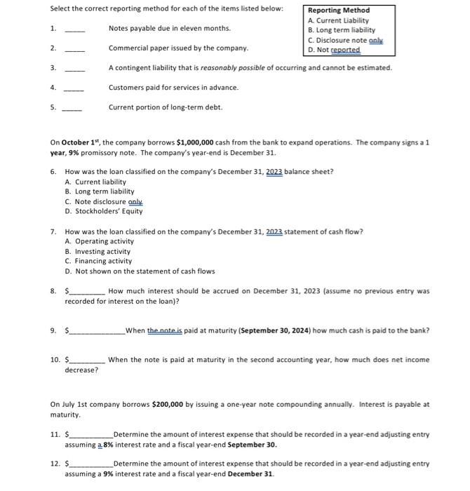 Solved Select the correct reporting method for each of the | Chegg.com
