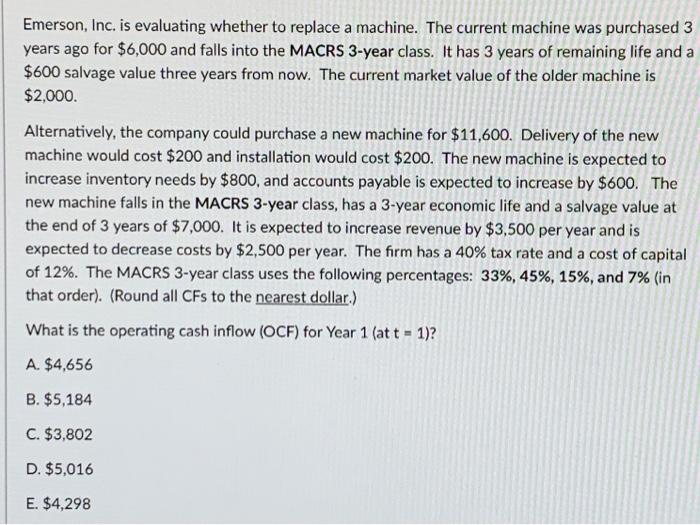 Solved Emerson, Inc. is evaluating whether to replace a | Chegg.com