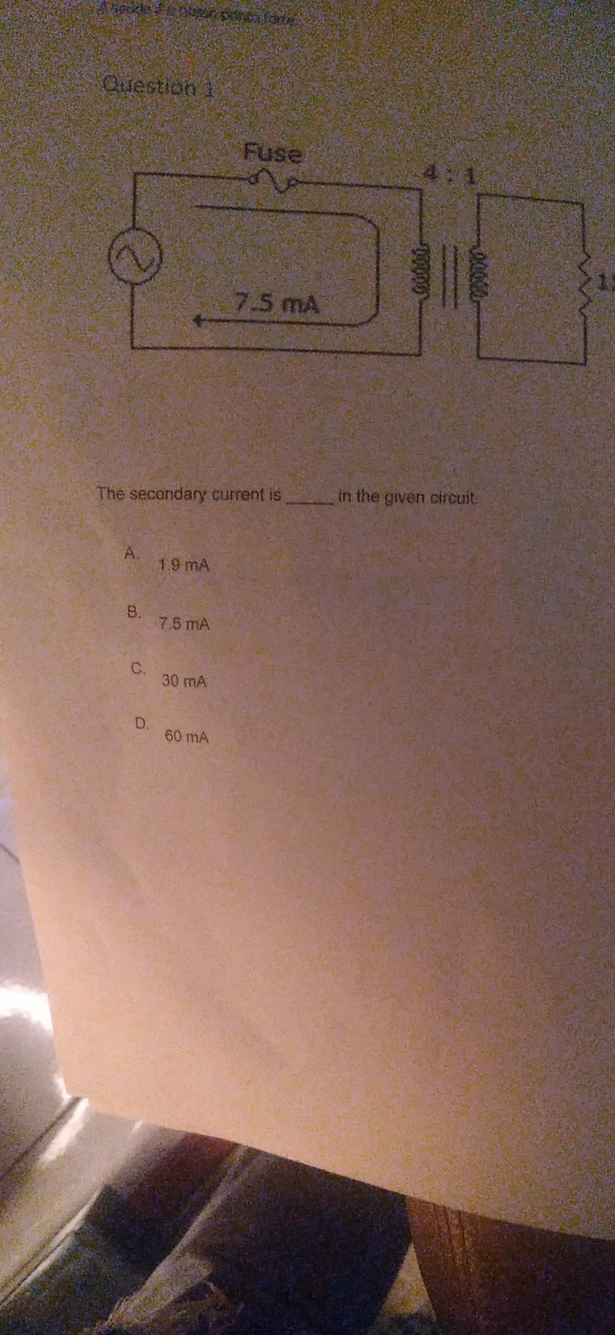 Solved The secondary current is in the given dircuit A. 1.9 | Chegg.com