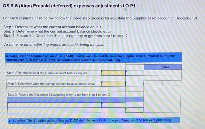 Solved QS 3-6 (Algo) Prepaid (deferred) expenses adjustments | Chegg.com