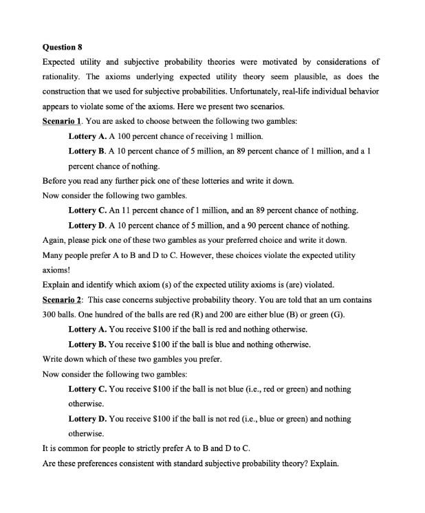 Solved Question 8 Expected utility and subjective | Chegg.com