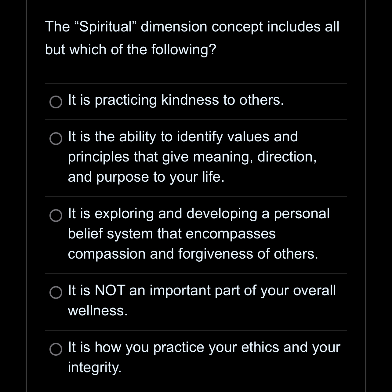 Solved The "Spiritual" dimension concept includes all but | Chegg.com