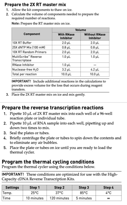 Solved Prepare the 2X RT master mix 1. Allow the kit | Chegg.com