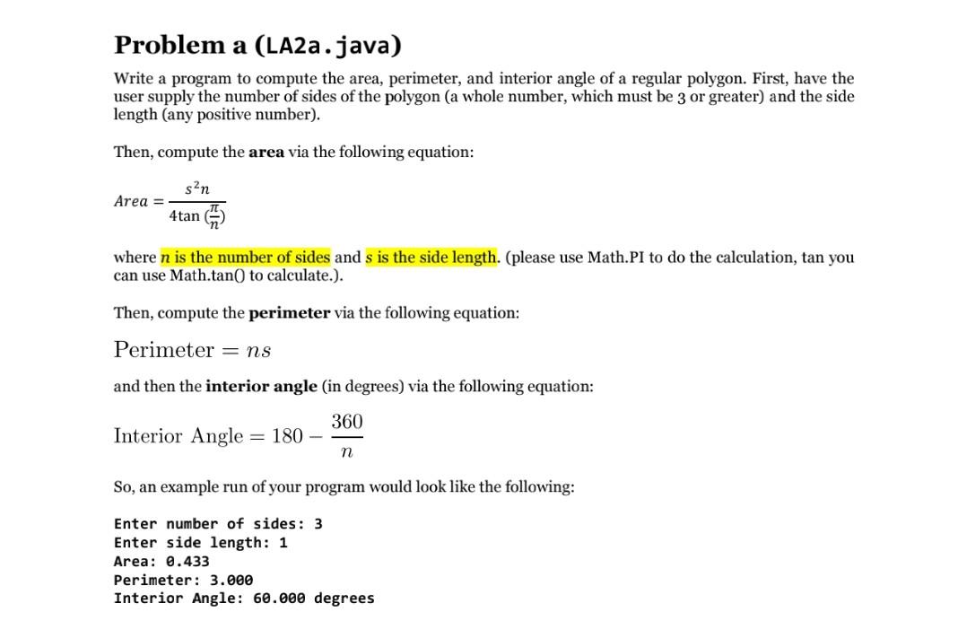 Solved Problem a (LA2a.java) Write a program to compute the | Chegg.com