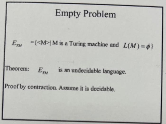 Solved Empty Problem ETM={∣M is a Turing machine and L(M)=ϕ} | Chegg.com