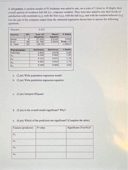 Solved 2. (14 points) A random sample of 93 freshmen was | Chegg.com