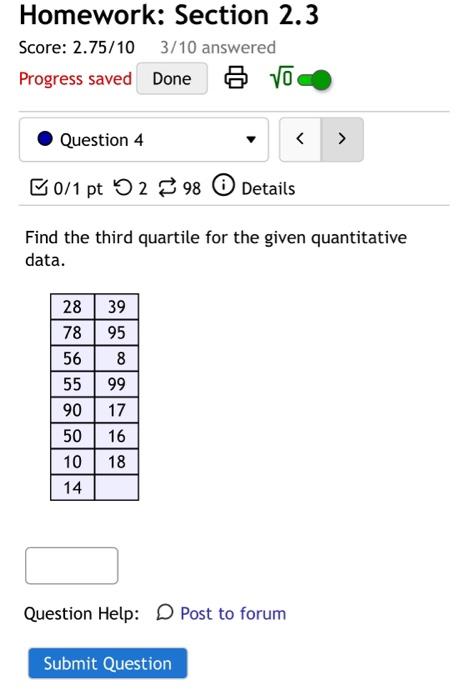 Solved Find the third quartile for the given quantitative | Chegg.com