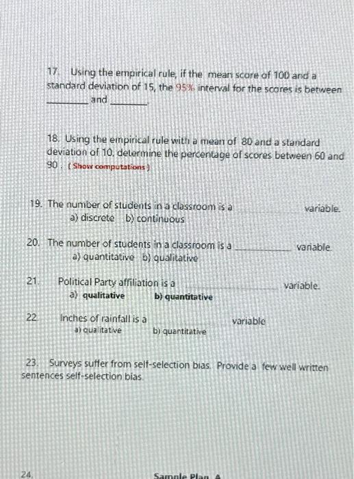 Solved 17. Using the empirical rule, if the mean score of | Chegg.com
