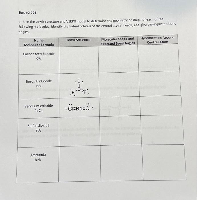 Solved Exercises 1. Use the Lewis structure and VSEPR model | Chegg.com