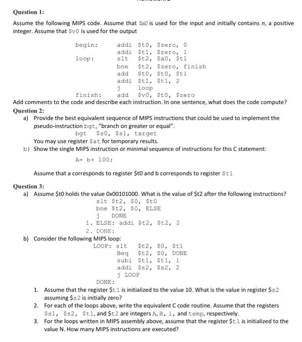 Solved Question 1: Assume the following MIPS code. Assume | Chegg.com