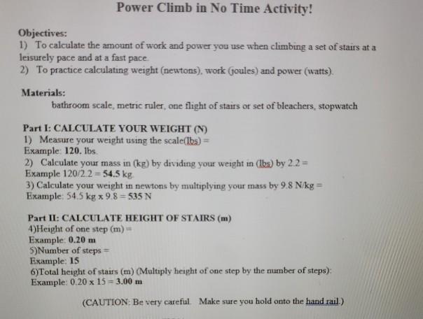 Solved Power Climb in No Time Activity! Objectives: 1) To | Chegg.com