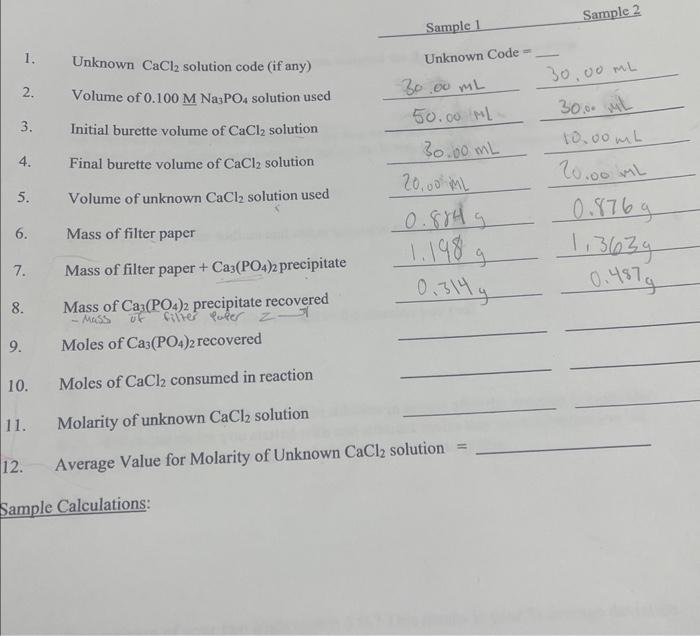 Solved 1. Unknown CaCl2 solution code (if any) Unknown Code | Chegg.com