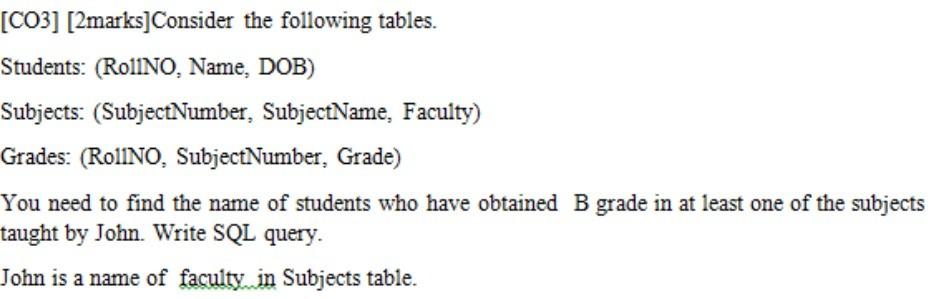 Solved [CO3] [2marks] Consider the following tables. | Chegg.com