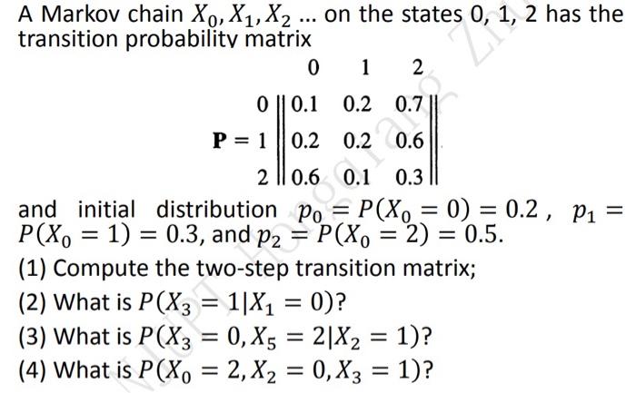 Solved A Markov chain X., X1, X2 ... on the states 0, 1, 2 | Chegg.com