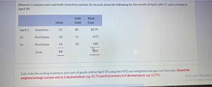 Solved Blossom Company uses a periodic inventory system. Its | Chegg.com