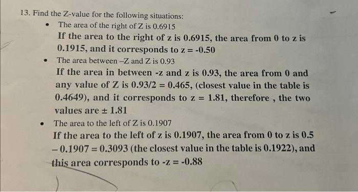 Solved 13. Find the Z-value for the following situations: - | Chegg.com
