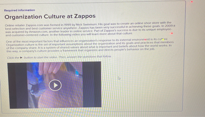 Solved Required information Organization Culture at Zappos | Chegg.com