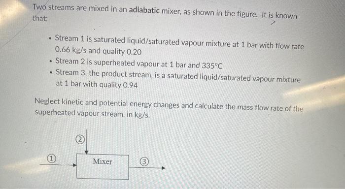 Solved Two streams are mixed in an adiabatic mixer, as shown | Chegg.com