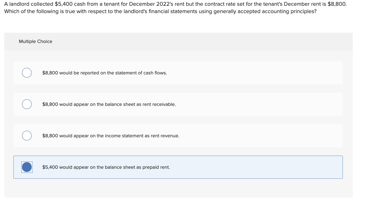 Solved A landlord collected $5,400 ﻿cash from a tenant for | Chegg.com