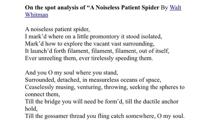 Solved On the spot analysis of “A Noiseless Patient Spider | Chegg.com